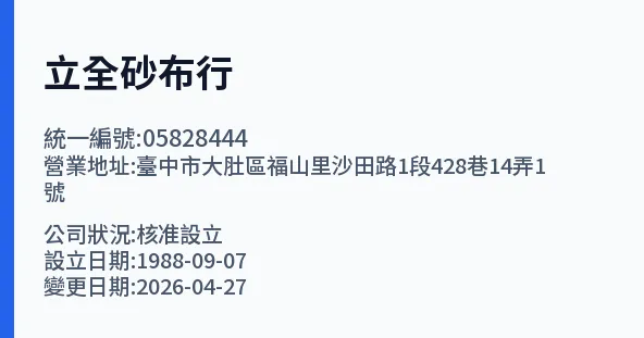 立全砂布行的照片-統編 05828444(臺中市) 公司登記資料與營業項目詳細圖表