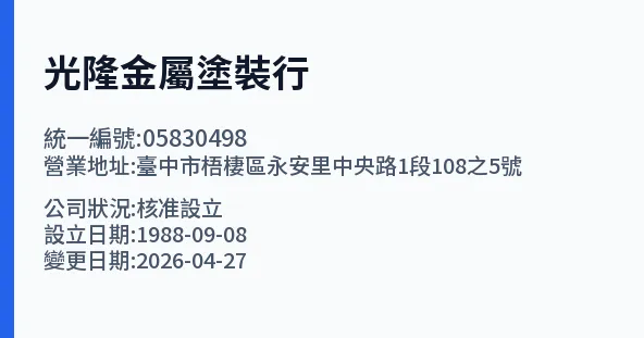 光隆金屬塗裝行的照片-統編 05830498(臺中市) 公司登記資料與營業項目詳細圖表