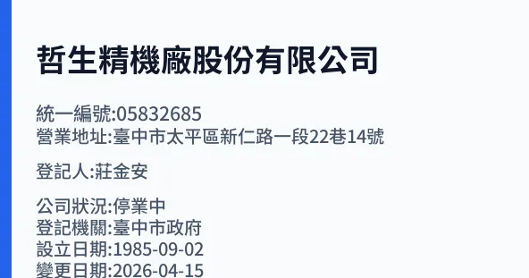 哲生精機廠股份有限公司的照片-統編 05832685(臺中市) 公司登記資料與營業項目詳細圖表