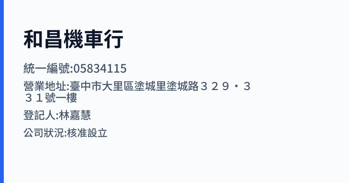 和昌機車行 - 統編 05834115(臺中市) 公司登記資料與營業項目詳細圖表