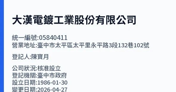 大漢電鍍工業股份有限公司的照片-統編 05840411(臺中市) 公司登記資料與營業項目詳細圖表