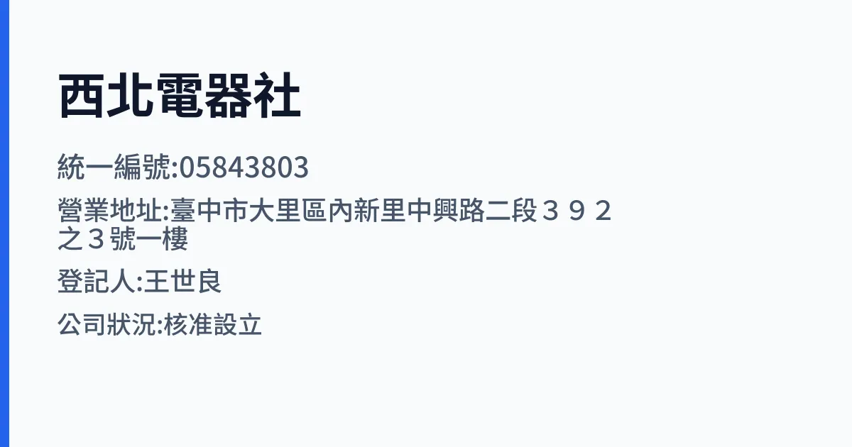 西北電器社 - 統編 05843803(臺中市) 公司登記資料與營業項目詳細圖表