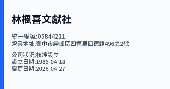 林楓喜文獻社的照片-統編 05844211(臺中市) 公司登記資料與營業項目詳細圖表