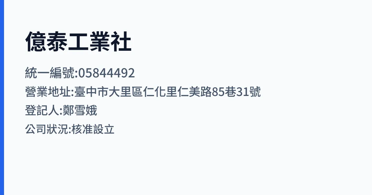 億泰工業社 - 統編 05844492(臺中市) 公司登記資料與營業項目詳細圖表