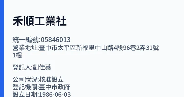 禾順工業社的照片-統編 05846013(臺中市) 公司登記資料與營業項目詳細圖表