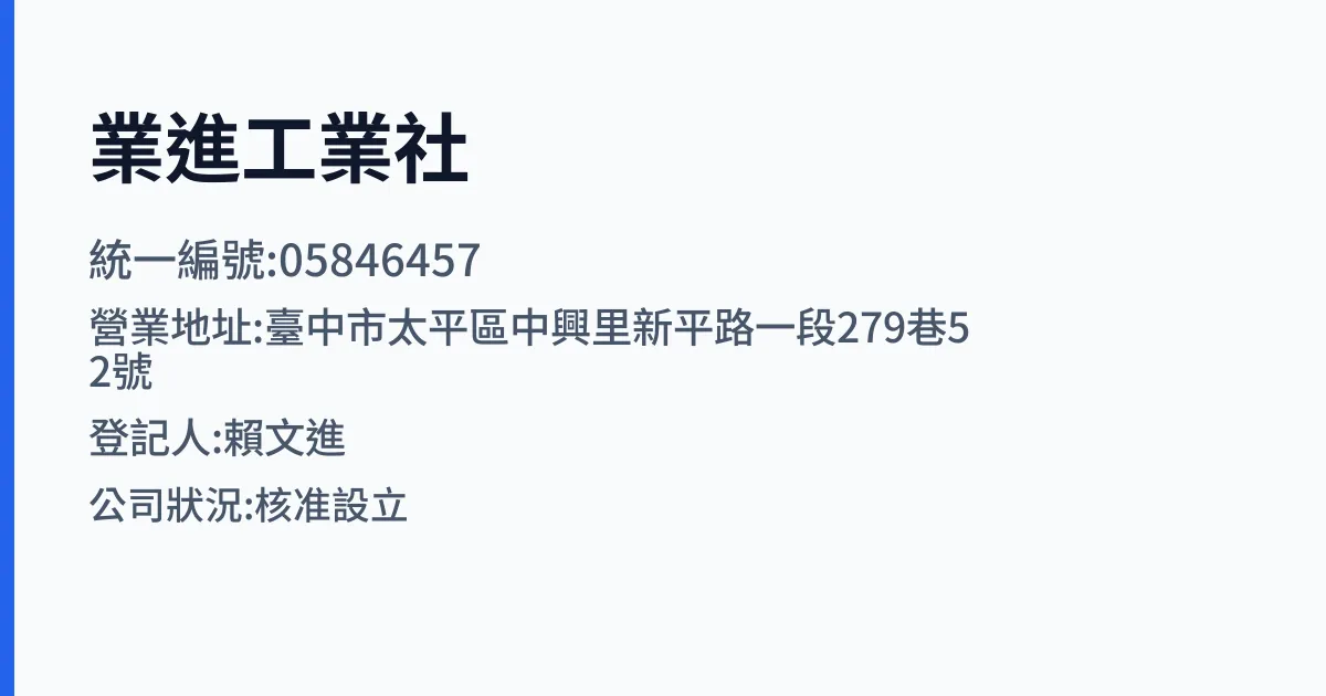 業進工業社 - 統編 05846457(臺中市) 公司登記資料與營業項目詳細圖表