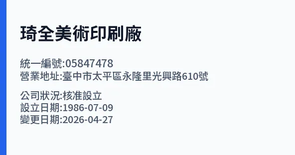 琦全美術印刷廠的照片-統編 05847478(臺中市) 公司登記資料與營業項目詳細圖表