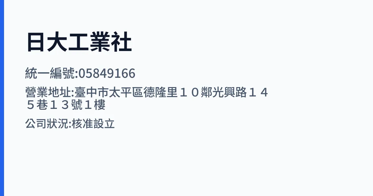 日大工業社 - 統編 05849166(臺中市) 公司登記資料與營業項目詳細圖表