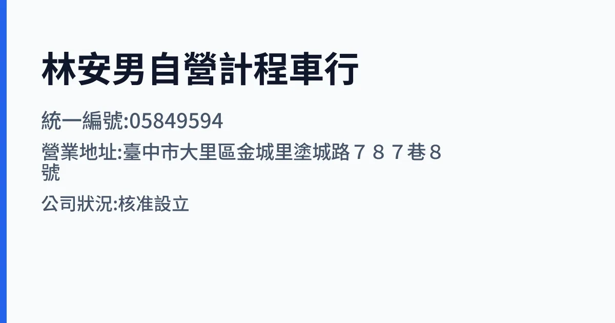 林安男自營計程車行 - 統編 05849594(臺中市) 公司登記資料與營業項目詳細圖表