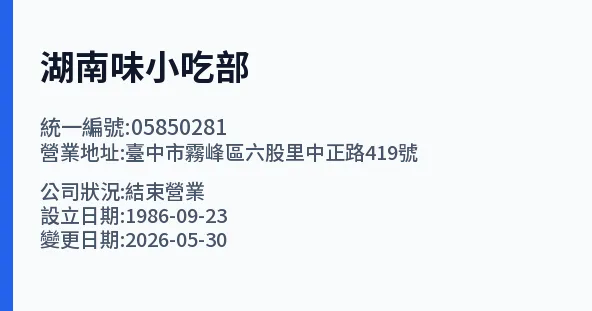 湖南味小吃部的照片-統編 05850281(臺中市) 公司登記資料與營業項目詳細圖表