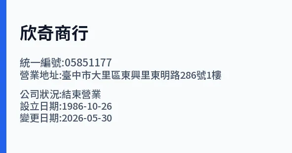 欣奇商行的照片-統編 05851177(臺中市) 公司登記資料與營業項目詳細圖表