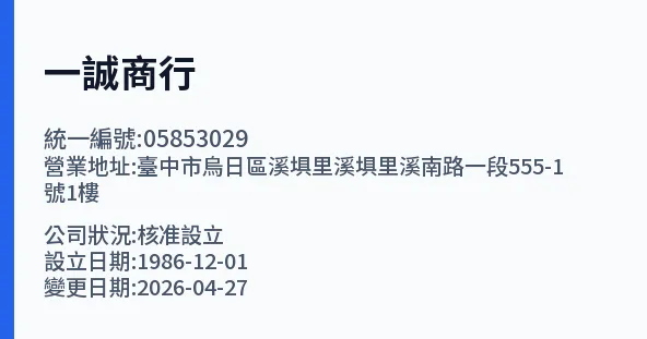 一誠商行的照片-統編 05853029(臺中市) 公司登記資料與營業項目詳細圖表