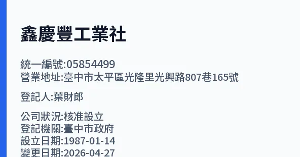 鑫慶豐工業社的照片-統編 05854499(臺中市) 公司登記資料與營業項目詳細圖表