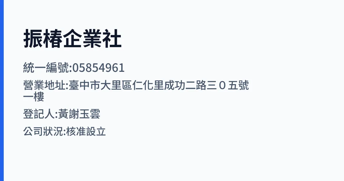 振椿企業社 - 統編 05854961(臺中市) 公司登記資料與營業項目詳細圖表