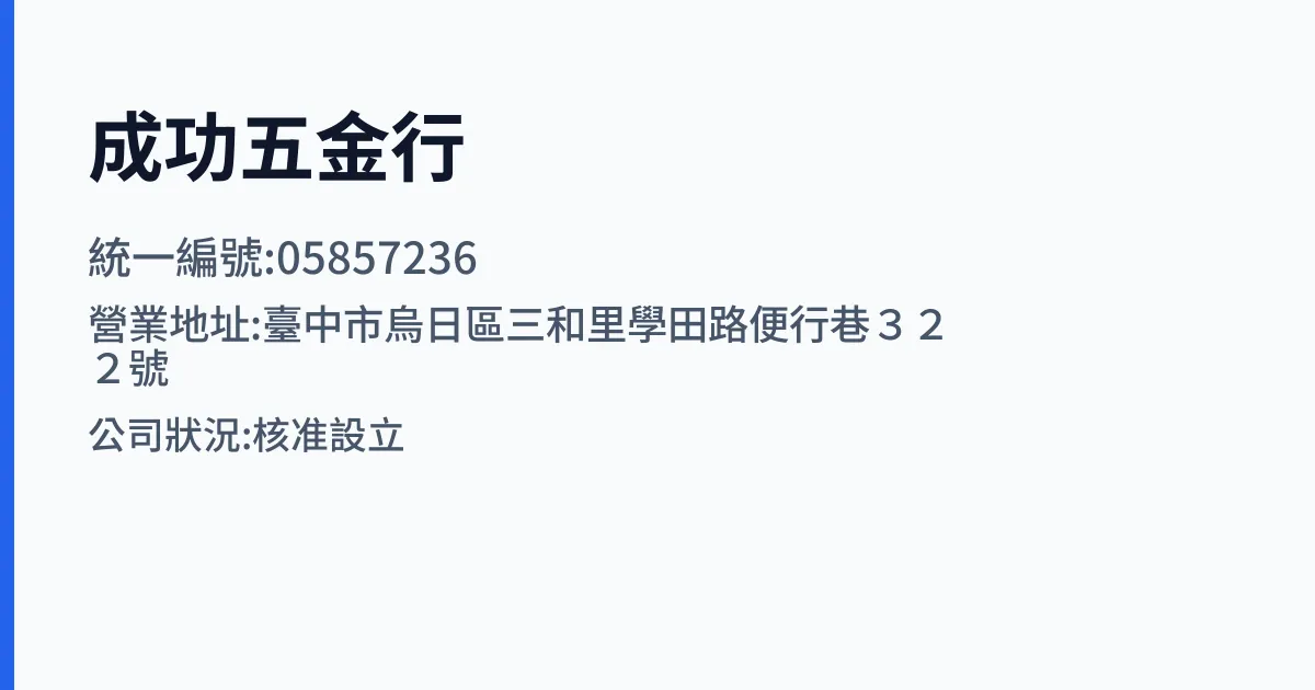 成功五金行 - 統編 05857236(臺中市) 公司登記資料與營業項目詳細圖表