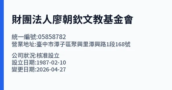 財團法人廖朝欽文教基金會的照片-統編 05858782(臺中市) 公司登記資料與營業項目詳細圖表