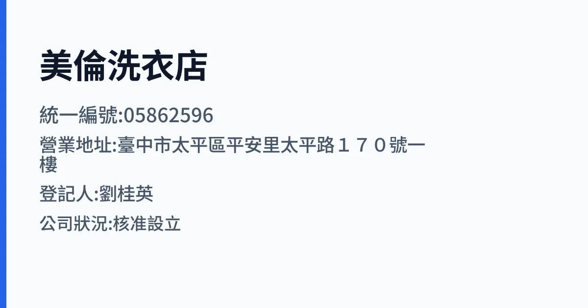 美倫洗衣店 - 統編 05862596（臺中市） 公司登記資料與營業項目詳細圖表