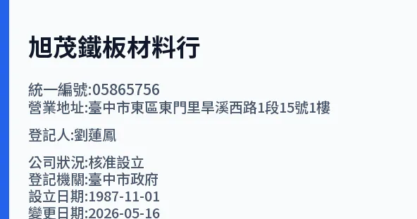 旭茂鐵板材料行的照片-統編 05865756(臺中市) 公司登記資料與營業項目詳細圖表