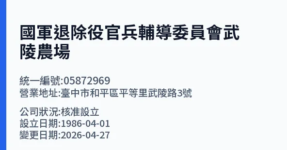 國軍退除役官兵輔導委員會武陵農場的照片-統編 05872969(臺中市) 公司登記資料與營業項目詳細圖表