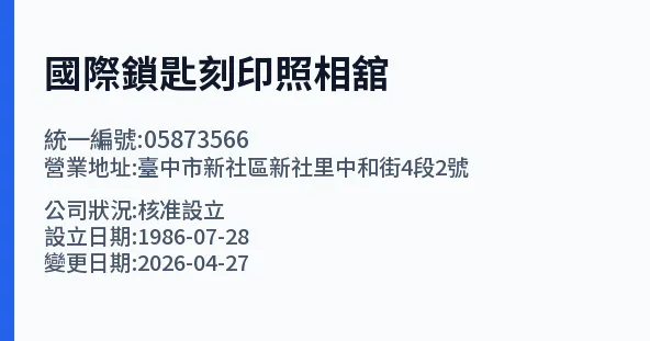 國際鎖匙刻印照相舘的照片-統編 05873566(臺中市) 公司登記資料與營業項目詳細圖表