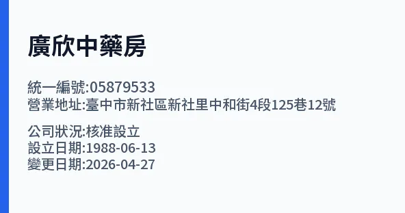廣欣中藥房的照片-統編 05879533(臺中市) 公司登記資料與營業項目詳細圖表