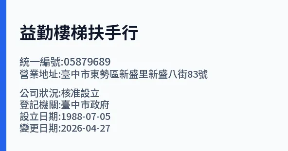 益勤樓梯扶手行的照片-統編 05879689(臺中市) 公司登記資料與營業項目詳細圖表