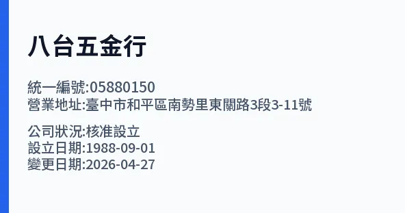 八台五金行的照片-統編 05880150(臺中市) 公司登記資料與營業項目詳細圖表