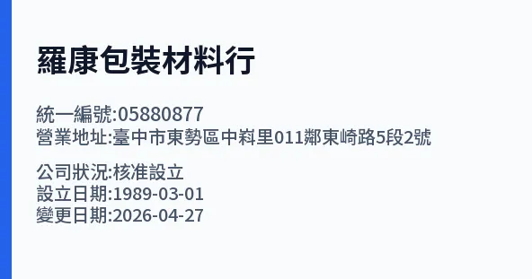 羅康包裝材料行的照片-統編 05880877(臺中市) 公司登記資料與營業項目詳細圖表