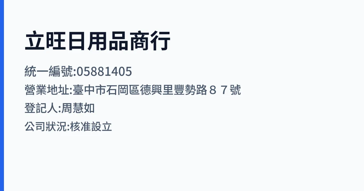 立旺日用品商行 - 統編 05881405(臺中市) 公司登記資料與營業項目詳細圖表