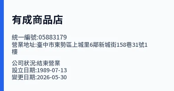 有成商品店的照片-統編 05883179(臺中市) 公司登記資料與營業項目詳細圖表