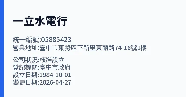 一立水電行的照片-統編 05885423(臺中市) 公司登記資料與營業項目詳細圖表