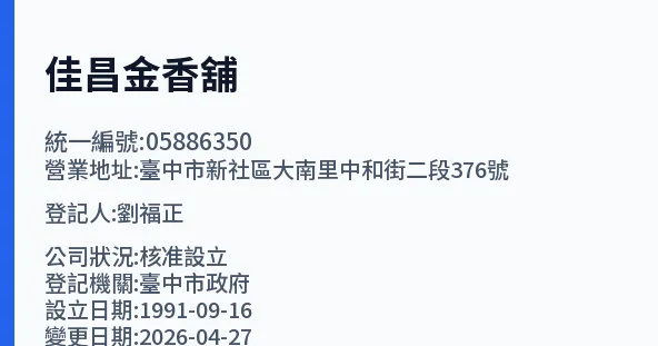 佳昌金香舖的照片-統編 05886350(臺中市) 公司登記資料與營業項目詳細圖表