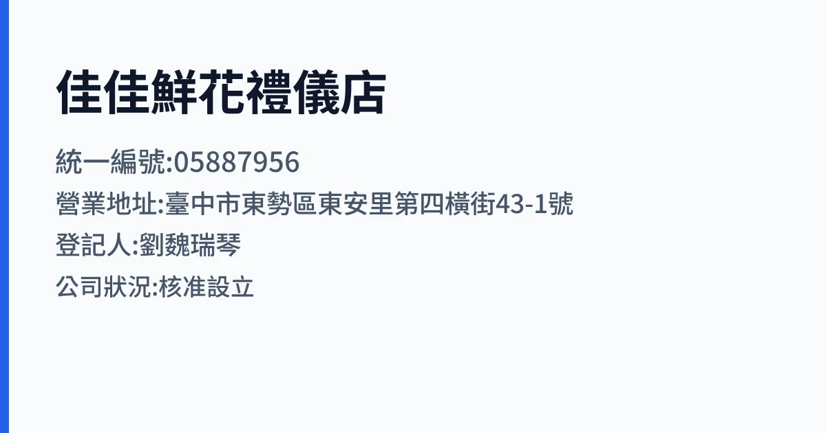 佳佳鮮花禮儀店 - 統編 05887956(臺中市) 公司登記資料與營業項目詳細圖表
