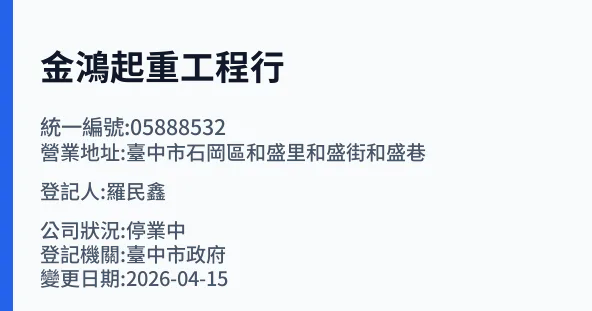 金鴻起重工程行的照片-統編 05888532(臺中市) 公司登記資料與營業項目詳細圖表