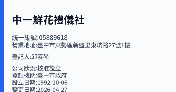 中一鮮花禮儀社的照片-統編 05889618(臺中市) 公司登記資料與營業項目詳細圖表