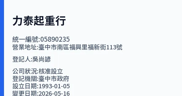 力泰起重行的照片-統編 05890235(臺中市) 公司登記資料與營業項目詳細圖表