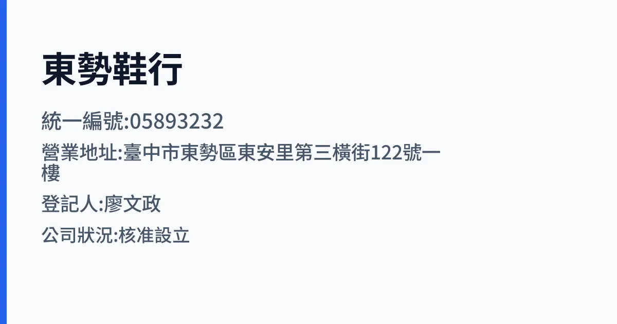 東勢鞋行 - 統編 05893232(臺中市) 公司登記資料與營業項目詳細圖表