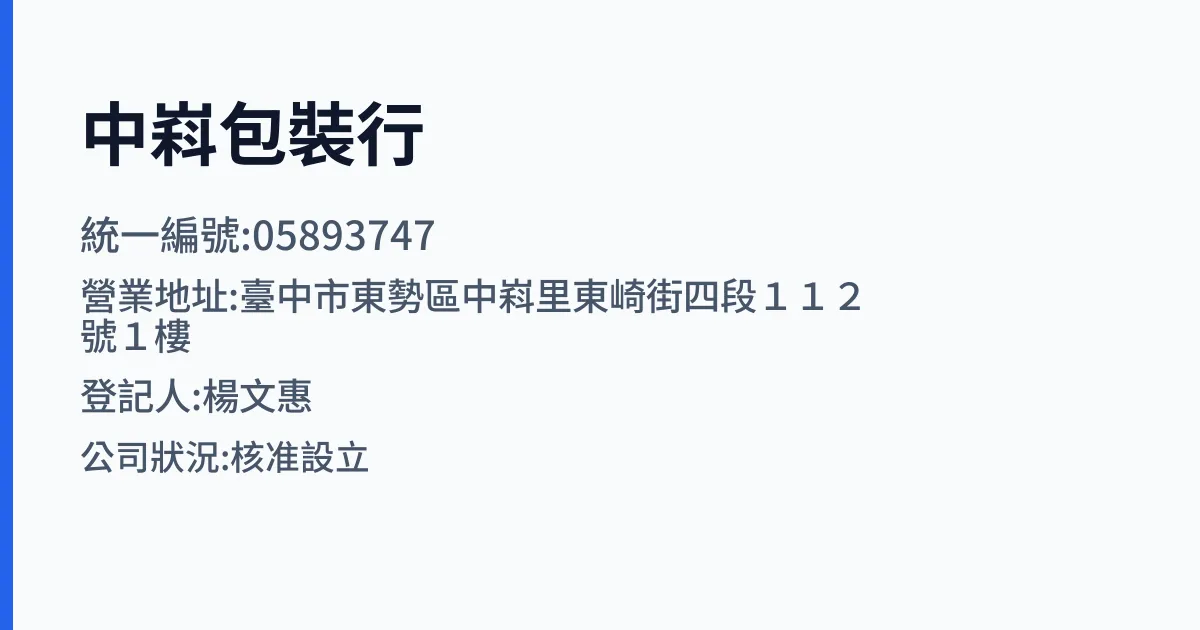中嵙包裝行 - 統編 05893747(臺中市) 公司登記資料與營業項目詳細圖表