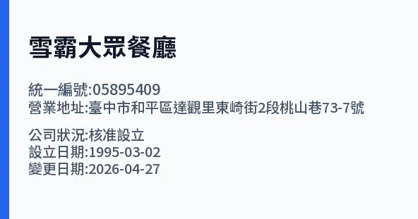 雪霸大眾餐廳的照片-統編 05895409(臺中市) 公司登記資料與營業項目詳細圖表