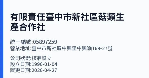 有限責任臺中市新社區菇類生產合作社的照片-統編 05897259(臺中市) 公司登記資料與營業項目詳細圖表