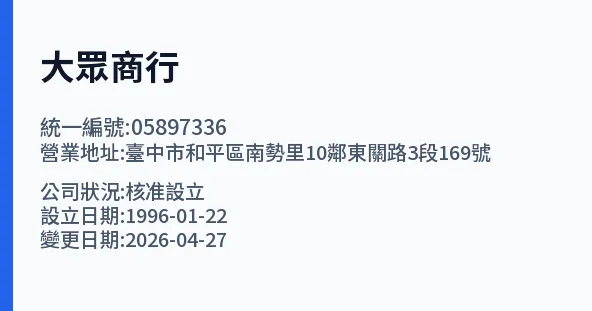 大眾商行的照片-統編 05897336(臺中市) 公司登記資料與營業項目詳細圖表