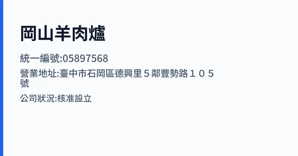 岡山羊肉爐 - 統編 05897568(臺中市) 公司登記資料與營業項目詳細圖表