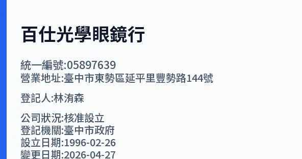 百仕光學眼鏡行的照片-統編 05897639(臺中市) 公司登記資料與營業項目詳細圖表
