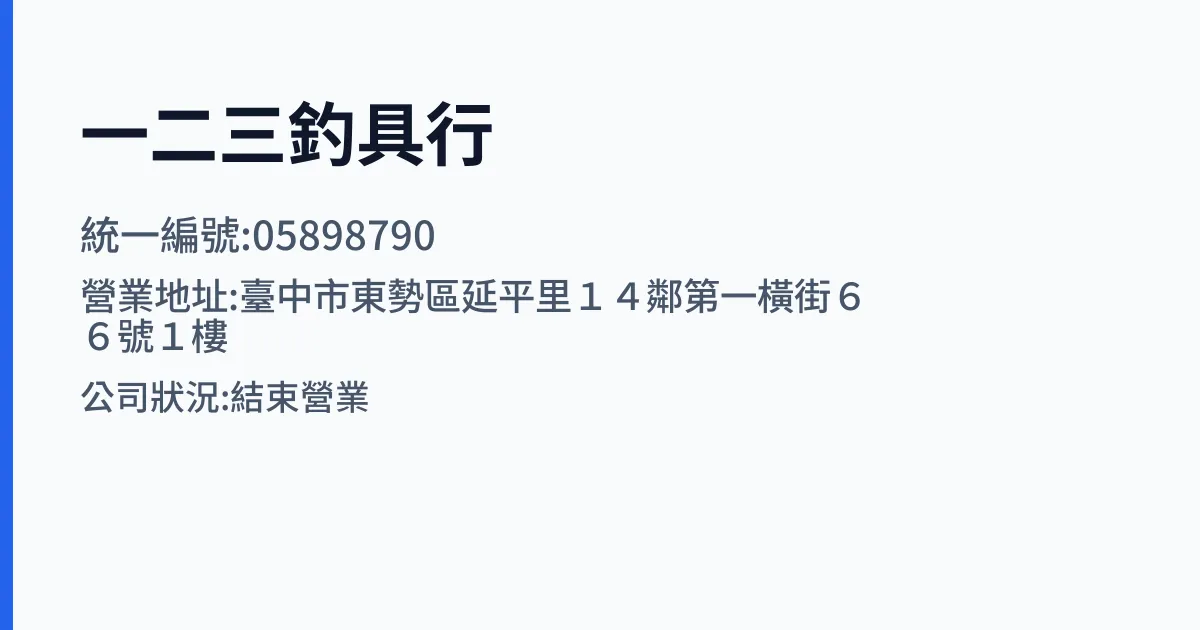 一二三釣具行 - 統編 05898790(臺中市) 公司登記資料與營業項目詳細圖表