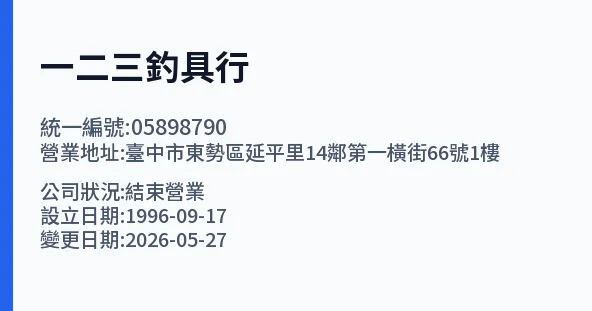 一二三釣具行的照片-統編 05898790(臺中市) 公司登記資料與營業項目詳細圖表