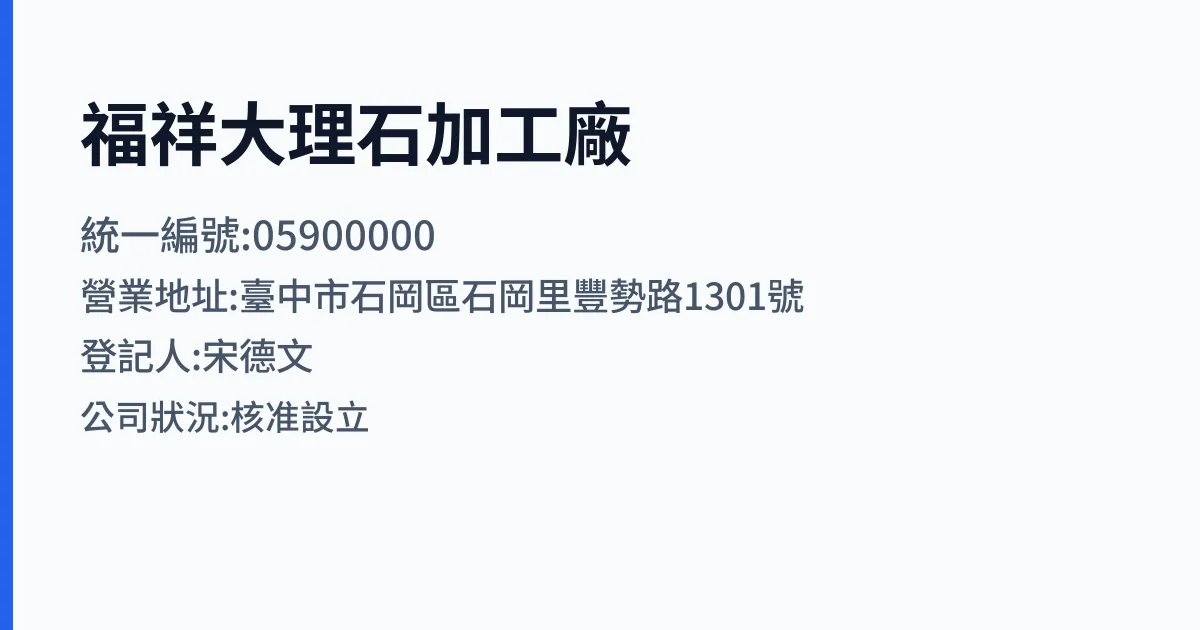 福祥大理石加工廠 - 統編 05900000(臺中市) 公司登記資料與營業項目詳細圖表