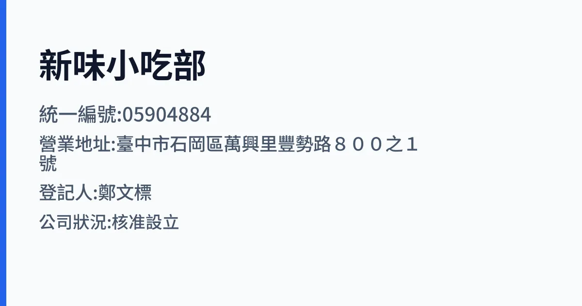 新味小吃部 - 統編 05904884(臺中市) 公司登記資料與營業項目詳細圖表