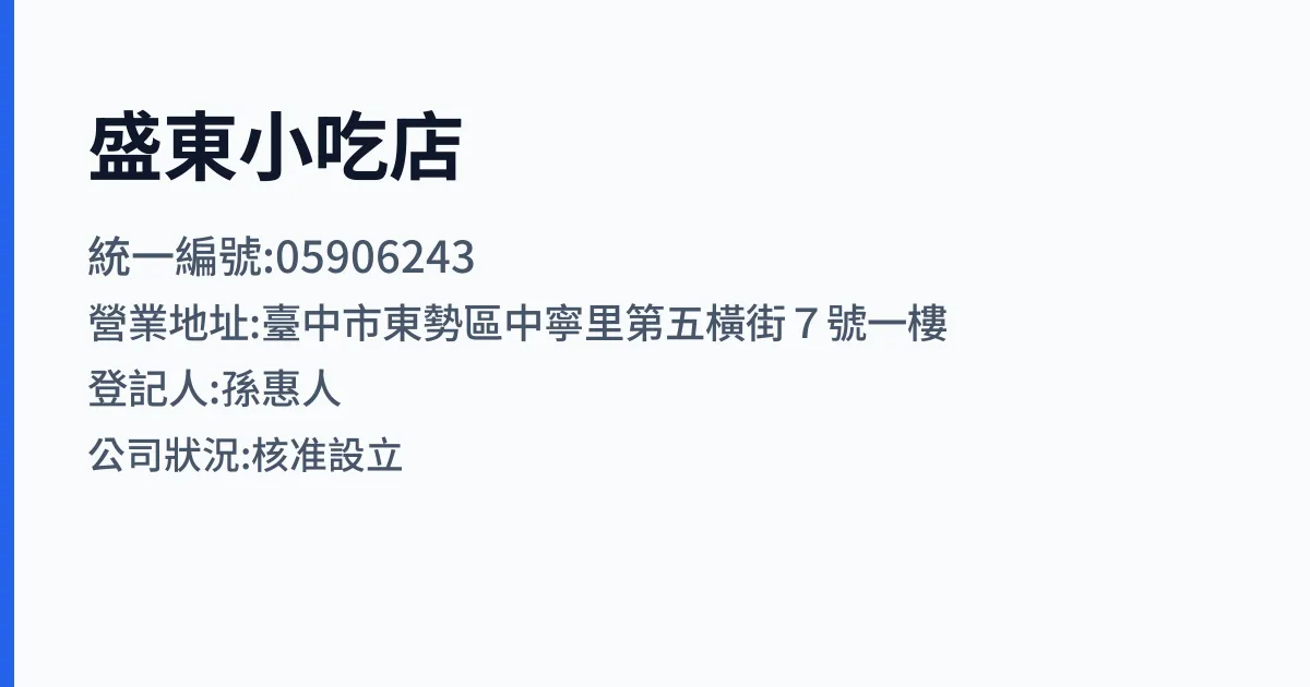盛東小吃店 - 統編 05906243(臺中市) 公司登記資料與營業項目詳細圖表