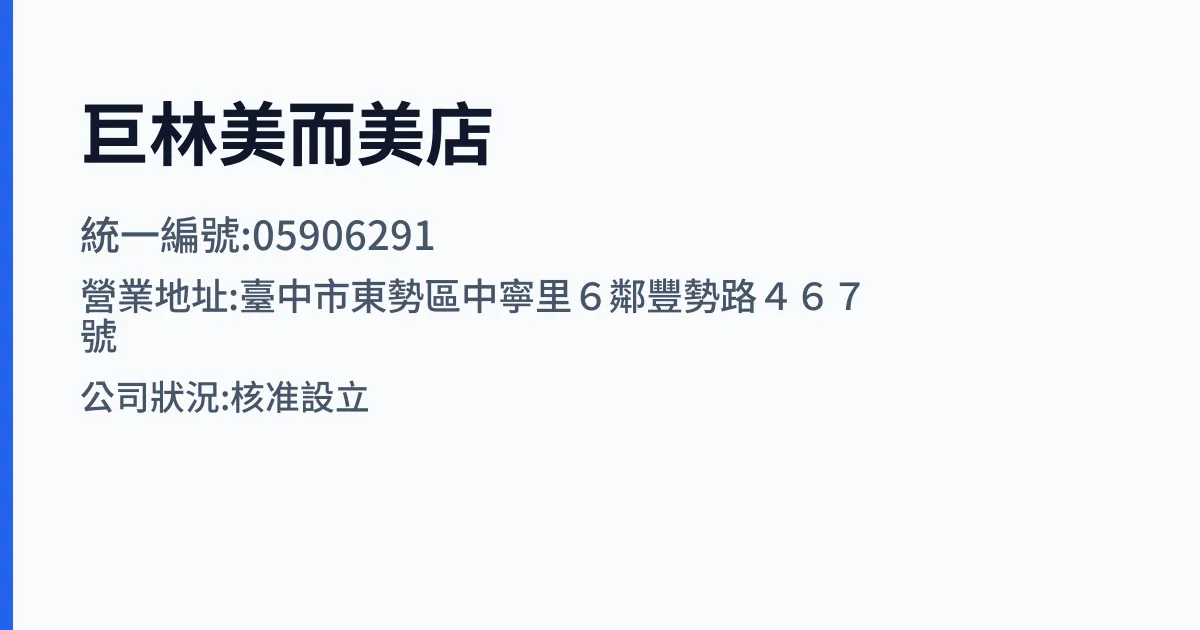 巨林美而美店 - 統編 05906291(臺中市) 公司登記資料與營業項目詳細圖表