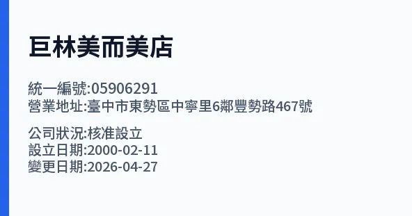巨林美而美店的照片-統編 05906291(臺中市) 公司登記資料與營業項目詳細圖表